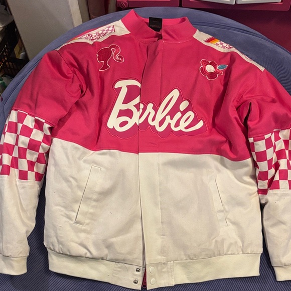 Barbie | Jackets & Coats | Barbie Pink And White Hot Topic Bomber ...